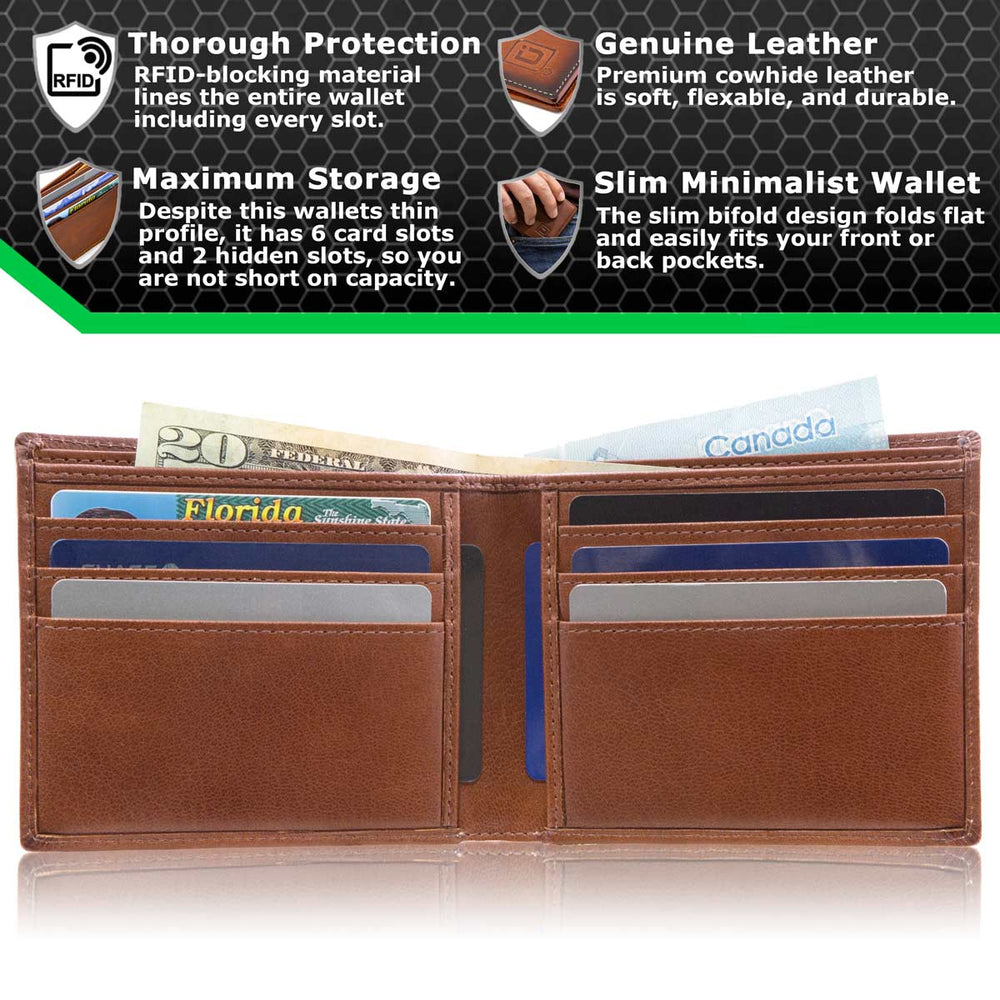 Men's RFID Bifold Wallet | 6 Card Slot Thin Leather Wallet | ID Stronghold